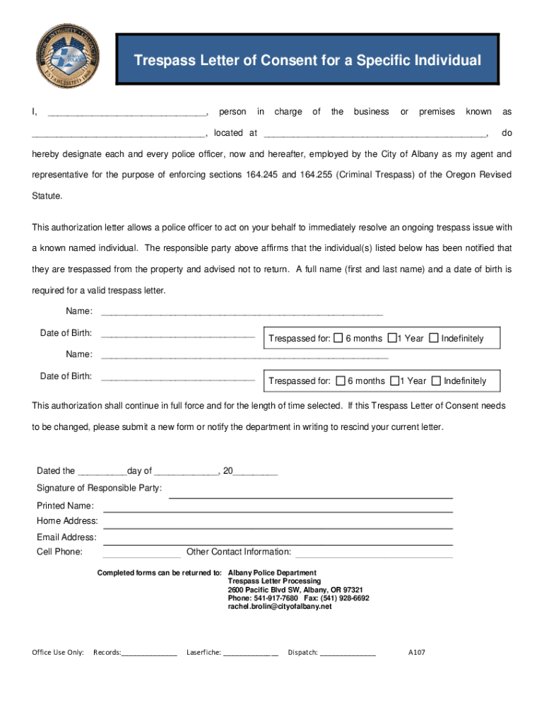 Fillable Online Trespass Letter of ConsentEugene, OR Website13 Trespass ...