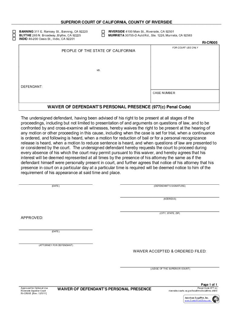 Fillable Online WAIVER OF DEFENDANTS PERSONAL PRESENCE (977(c) Penal ...