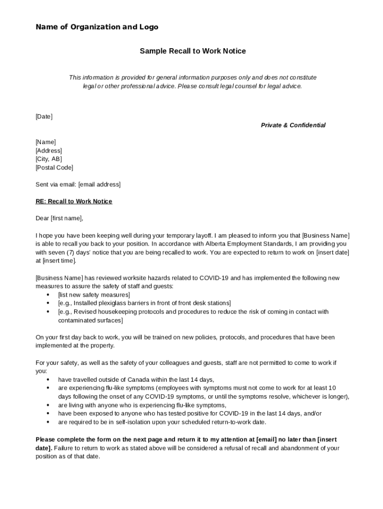 Templates Letters to recall employeesIndustry Resource ... Doc Template ...