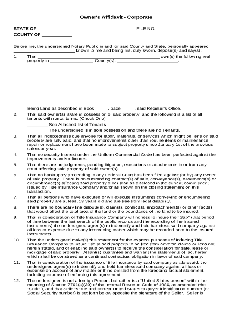 OWNERS AFFIDAVIT OF TITLE AND GAP INDEMNITY AGREEMENT Doc Template | pdfFiller