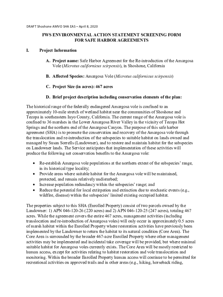 Fillable Online Project name: Safe Harbor Agreement for the Re ...