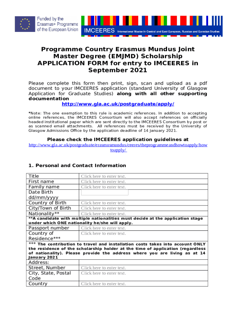 Programme Country Erasmus Mundus Joint Master Degree (EMJMD) Scholarship Doc Template | pdfFiller
