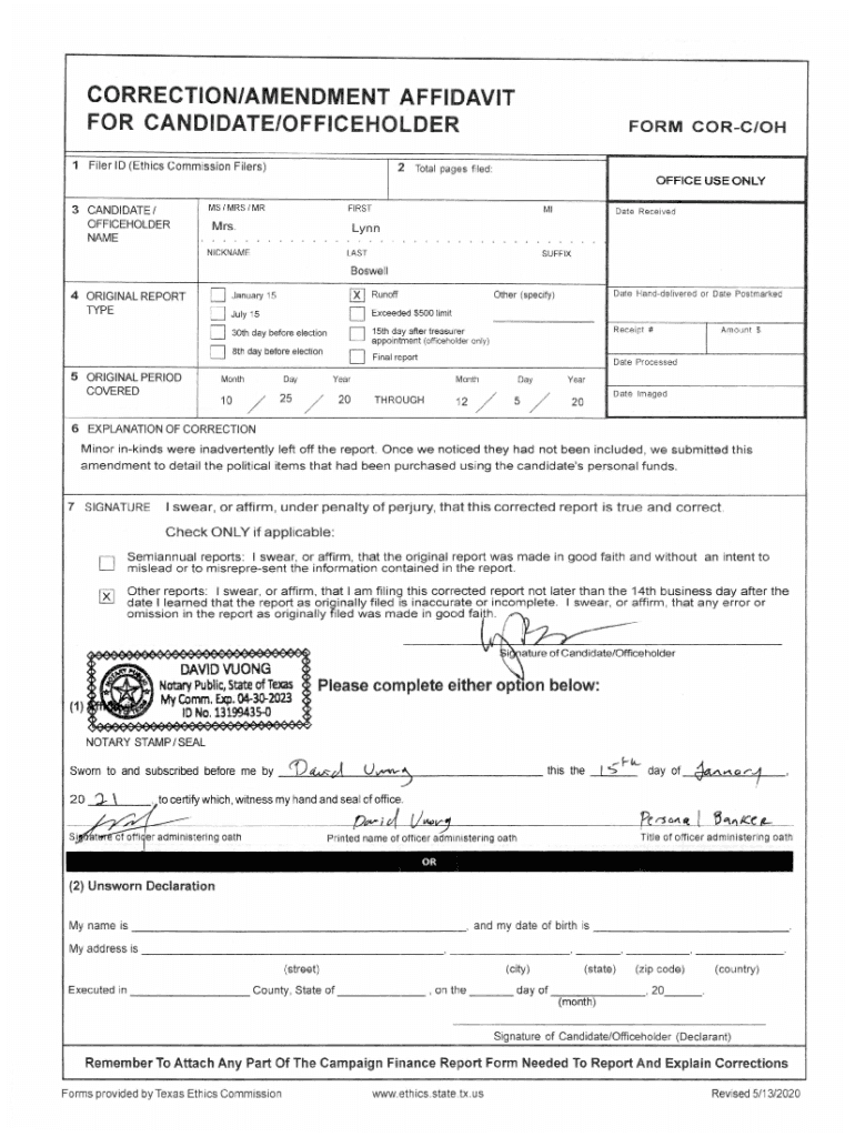 Fillable Online Correction/Amendment Affidavit for Candidate ...