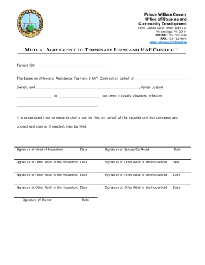 Fillable Online MUTUAL AGREEMENT TO TERMINATE LEASE AND HAP ... Fax ...