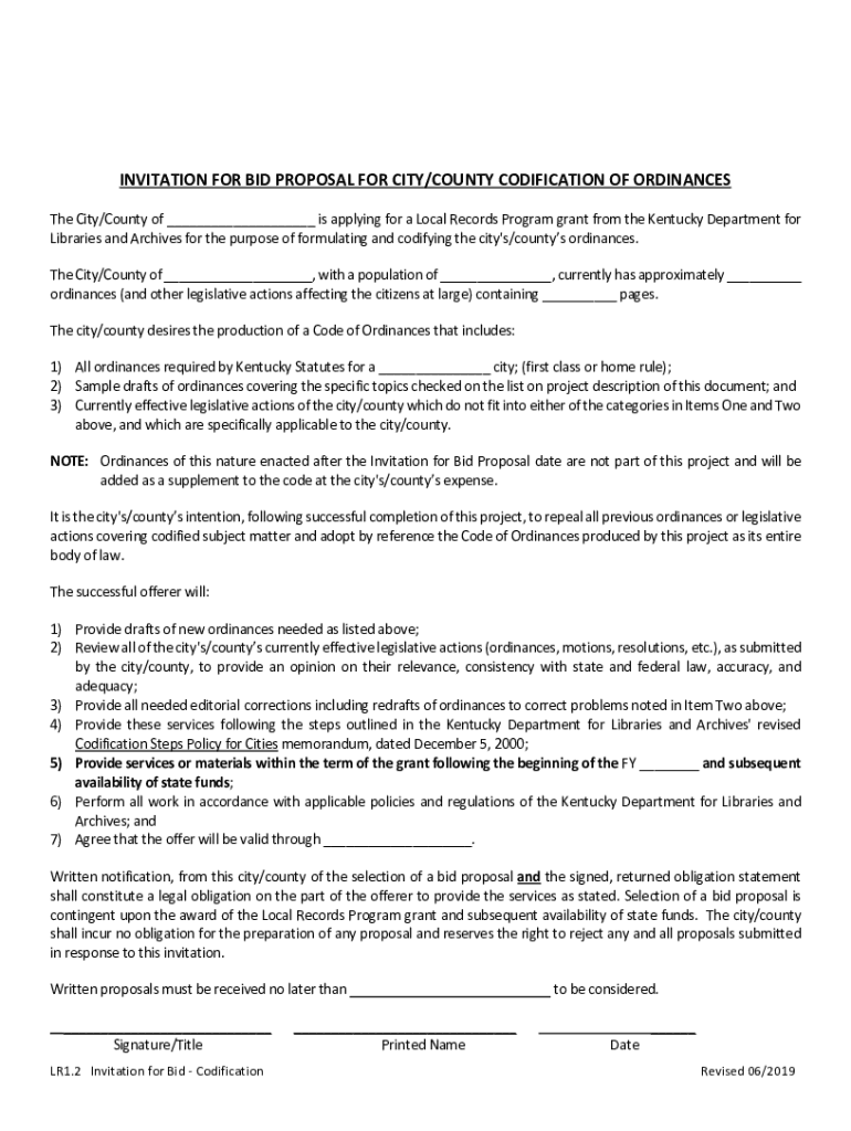 Fillable Online kdla ky REQUEST FOR PROPOSAL FOR CODIFICATION OF THE ...