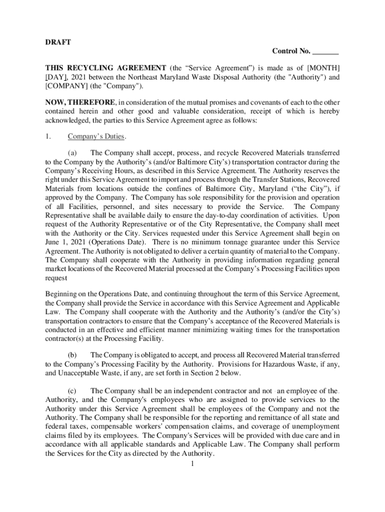 Fillable Online THIS RECYCLING AGREEMENT (the Service Agreement) is ...