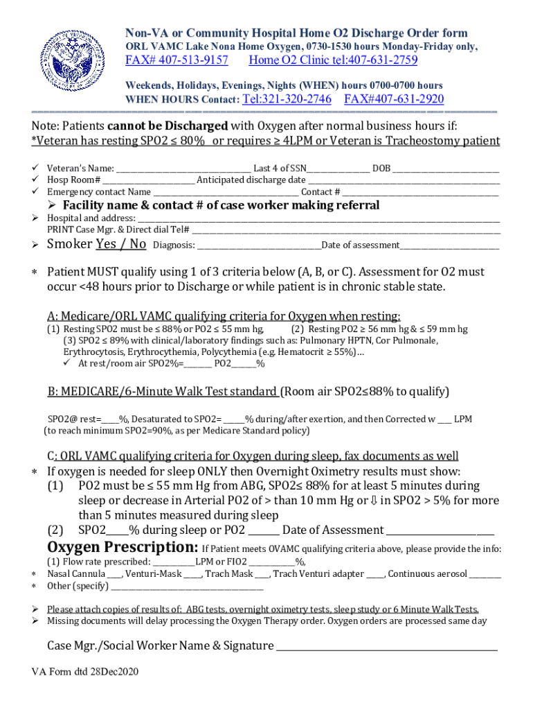 Fillable Online Non-VA or Community Hospital Home O2 Discharge Order ...
