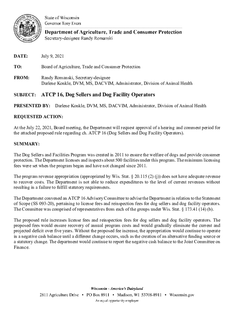 Fillable Online datcp wi SUBJECT: ATCP 16, Dog Sellers and Dog Facility Operators Fax Email ...
