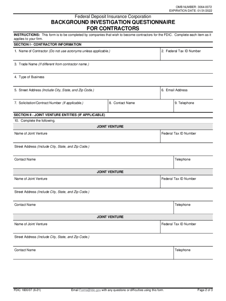 Fillable Online 1600/07, Background Investigation Questionnaire for ...