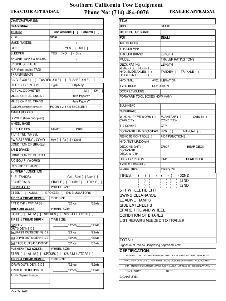 Fillable Online Tractor/Trailer Appraisal Form Fax Email Print - pdfFiller