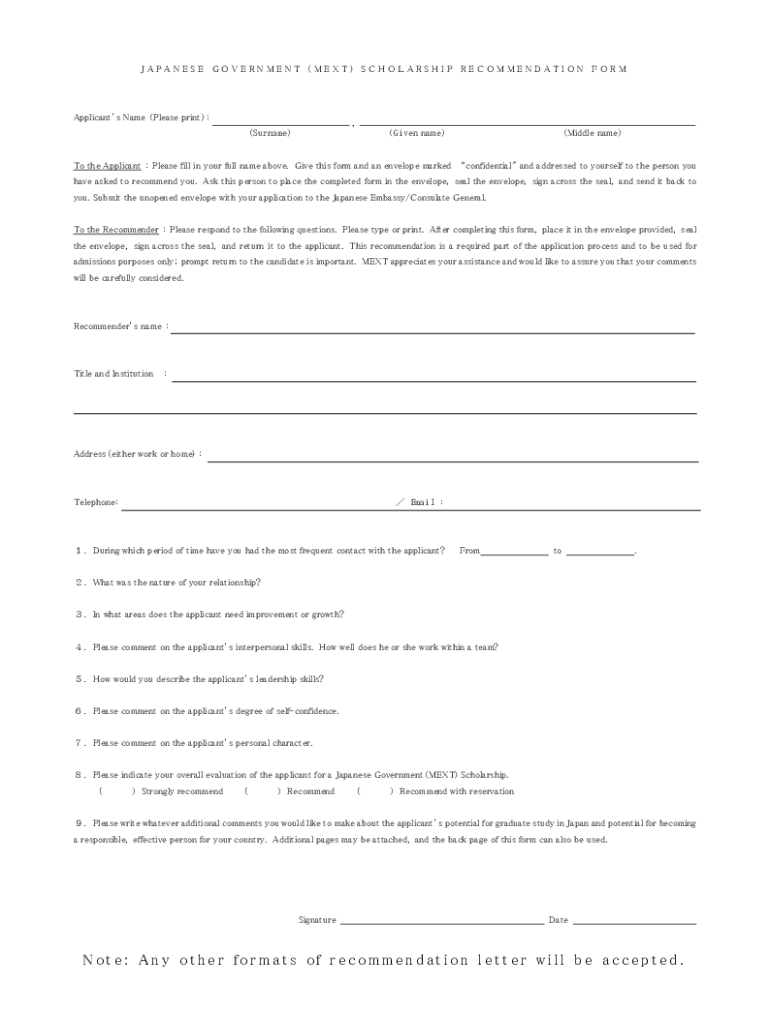 Fillable Online JAPANESE GOVERNMENT (MEXT) SCHOLARSHIP RECOMMENDATION ...