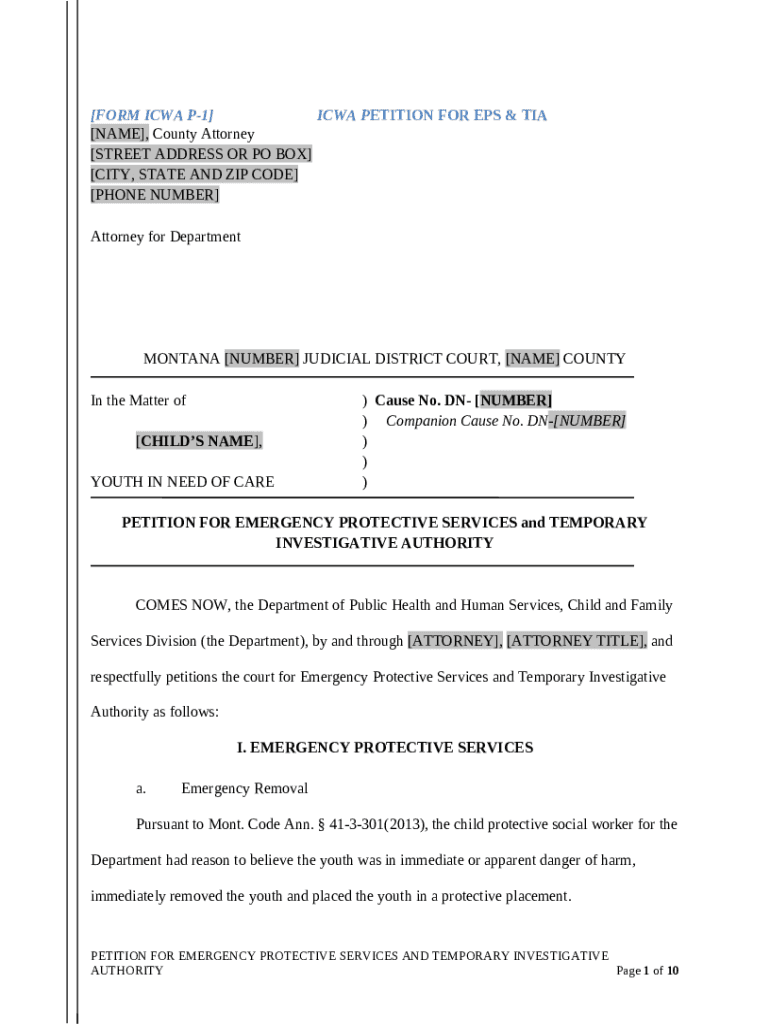 ICWA P-1ICWA PETITION FOR EPS & TIA Doc Template | pdfFiller