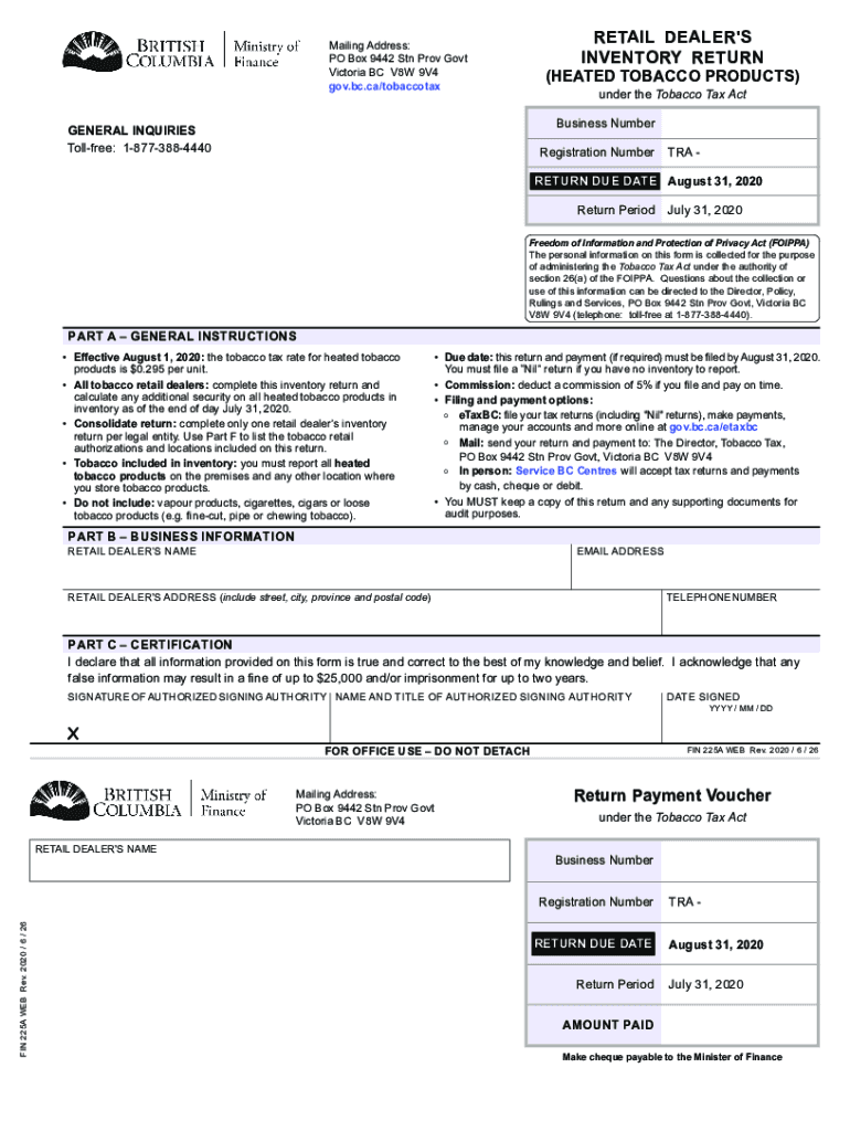 Fillable Online FIN 225A, Retail Dealers Inventory Return (Heated ...