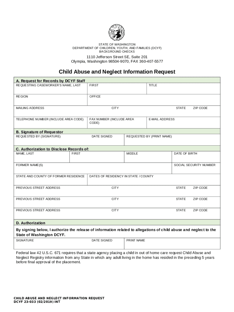 Child Abuse and Neglect Ination Request - Wa Doc Template | pdfFiller
