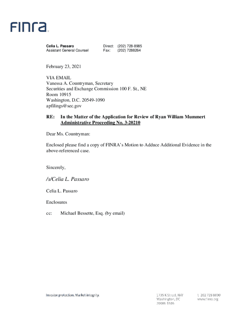 Fillable Online Ryan William Mummert. FINRA'S Motion to Adduce ...