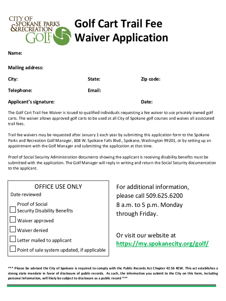 Fillable Online Golf Cart Trail Fee Waiver Application. Golf Cart Trail ...