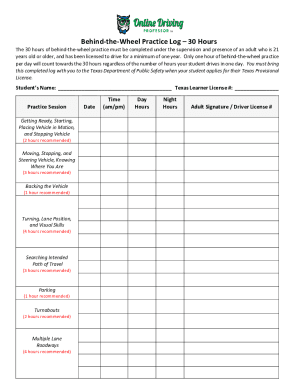 Fillable Online BEHIND THE WHEEL INSTRUCTION LOG 30 HOURS Behind-the ...