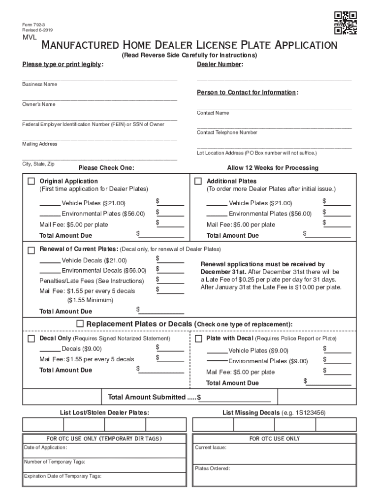Fillable Online Form 792-3. Manufactured Home Dealer License Plate ...