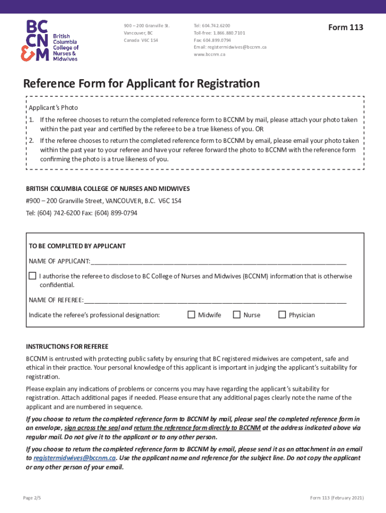 Fillable Online Form 113 RM Reference Form for Applicant for ...