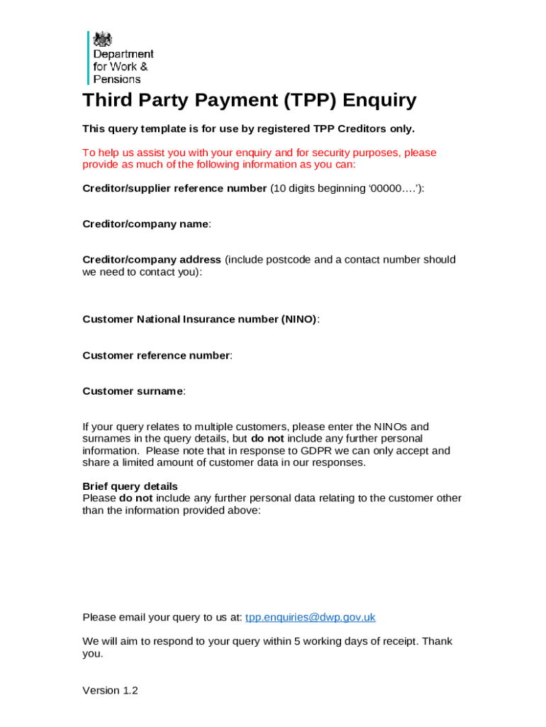 Third Party Payment (TPP) Enquiry Doc Template | pdfFiller