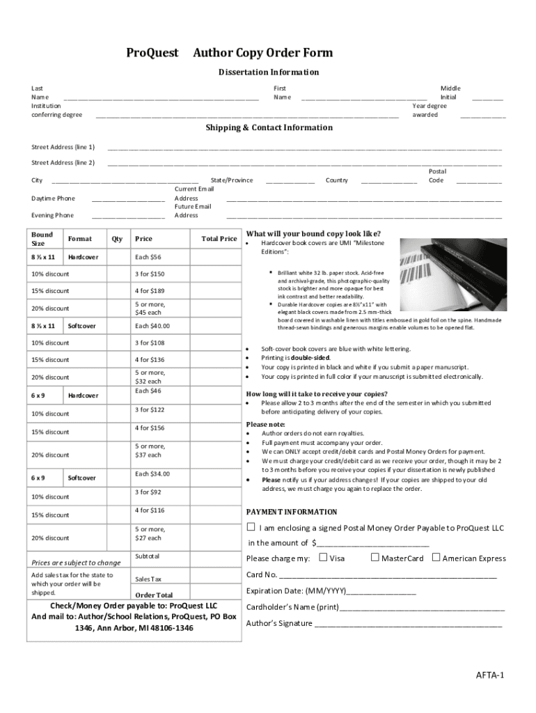Fillable Online ProQuest - Author Copy Pricing and Order Form(PDF) Fax Email Print - pdfFiller
