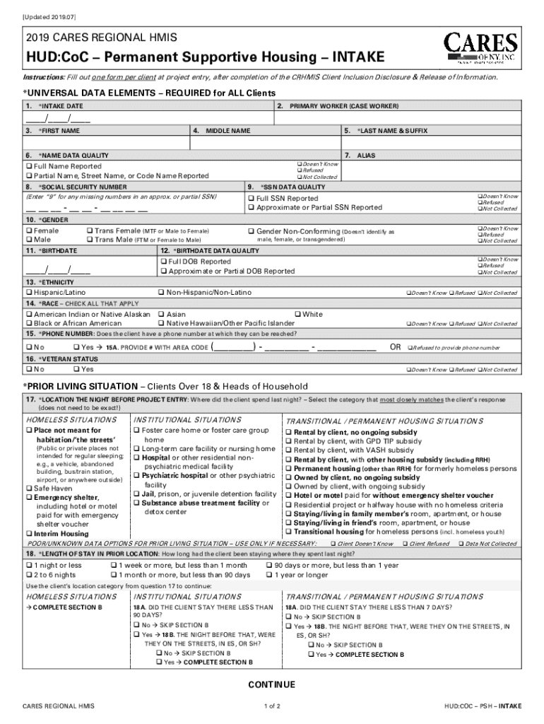 Fillable Online HUD:CoC Permanent Supportive Housing INTAKE Fax Email ...