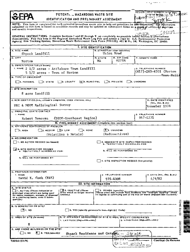 Fillable Online POTENTIAL HAZARDOUS WASTE SITE IDENTIFICATION AND PRELIMINARY ASSESSMENT (PA ...