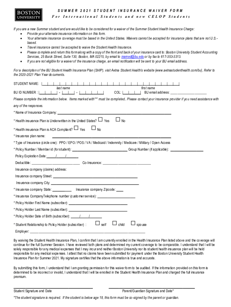 Fillable Online SUMMER 2021 STUDENT INSURANCE WAIVER FORM Fax Email ...