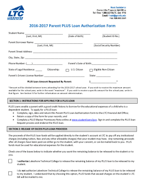 Fillable Online 2016-2017 Parent PLUS Loan Authorization Form. 2016 ...