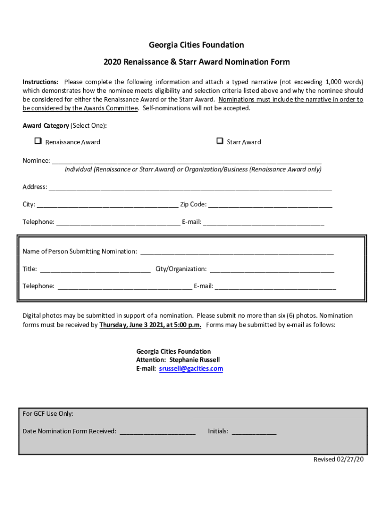 Fillable Online 2020 Renaissance and Starr Awards Submission Form Fax ...