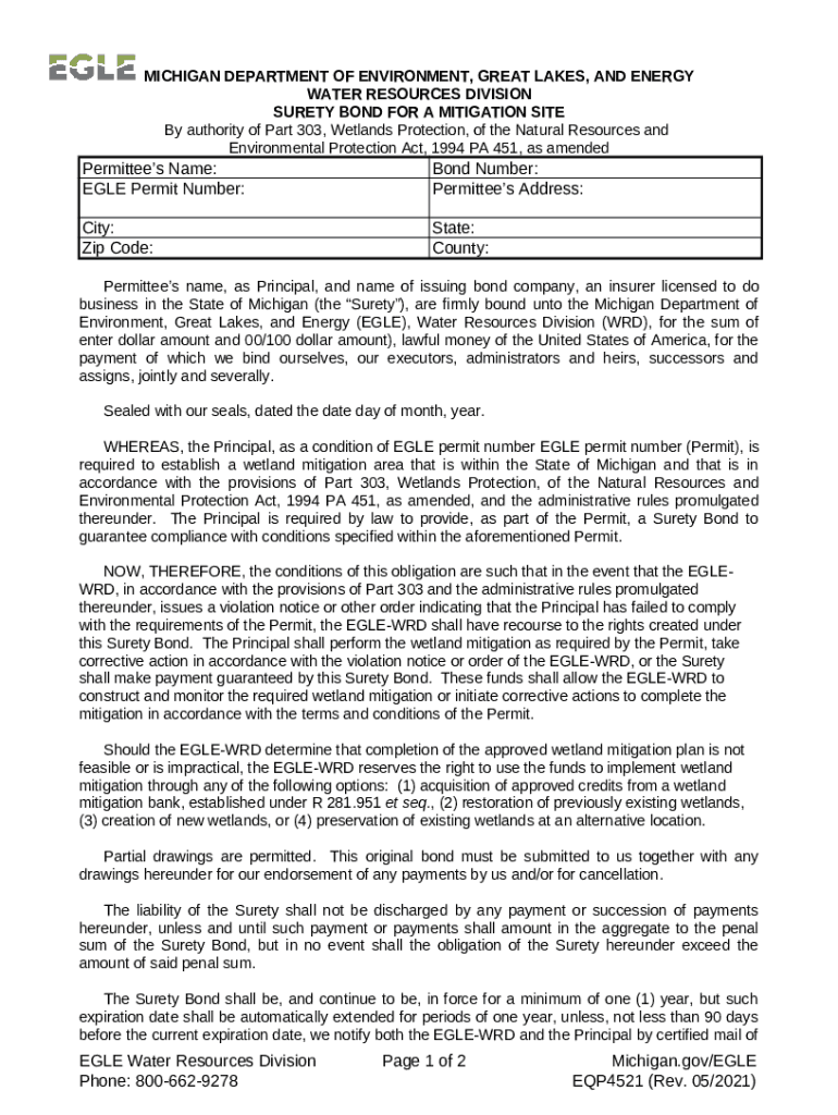 Surety Bond for a Mitigation Site (Wetlands) EQP4521 Doc Template ...
