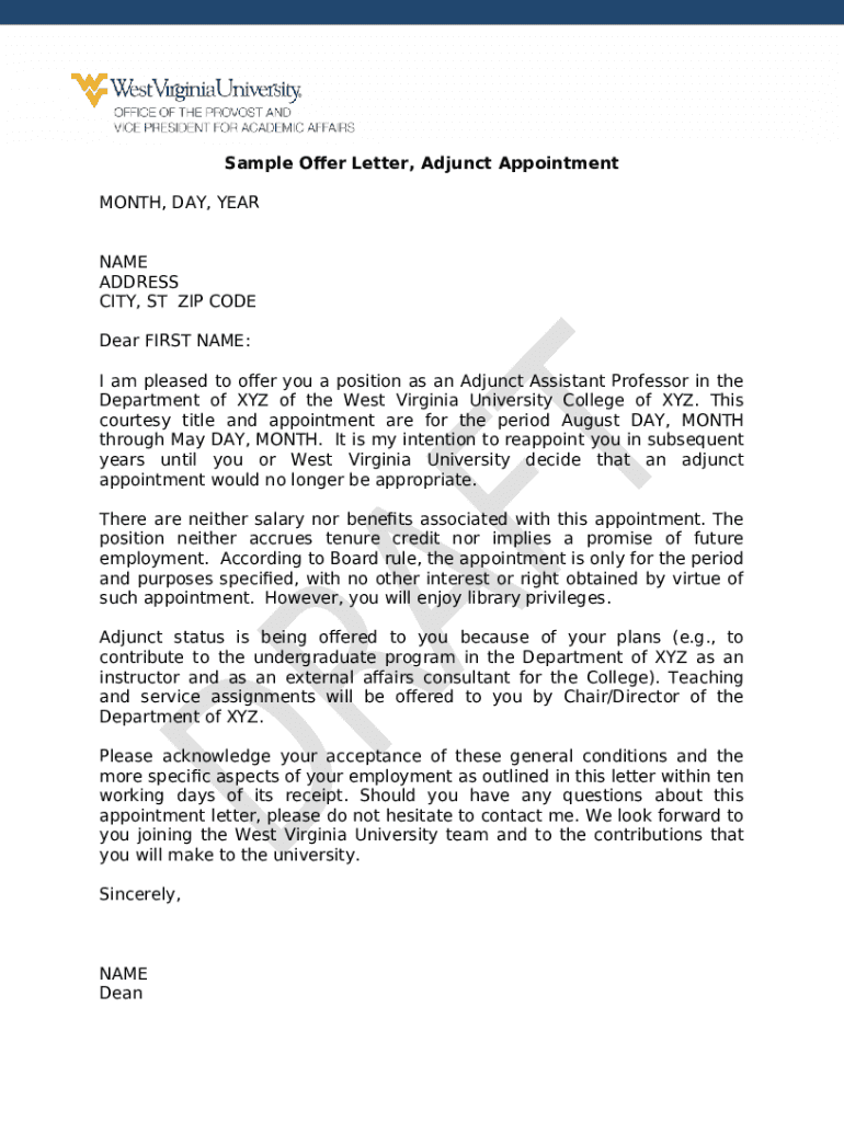 Sample Offer Letter, Adjunct Appointment Doc Template | pdfFiller