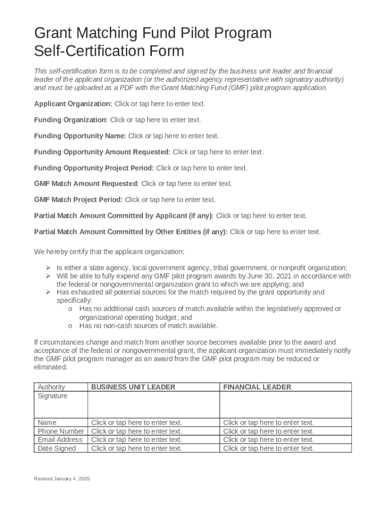 Grant Matching Fund Program Self Certification Doc Template | pdfFiller