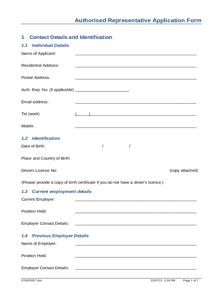 Authorised Representative Application Doc Template | pdfFiller