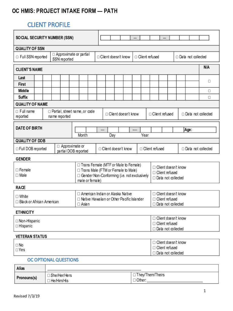 Fillable Online OC HMIS: PROJECT INTAKE FORM PATH Fax Email Print ...