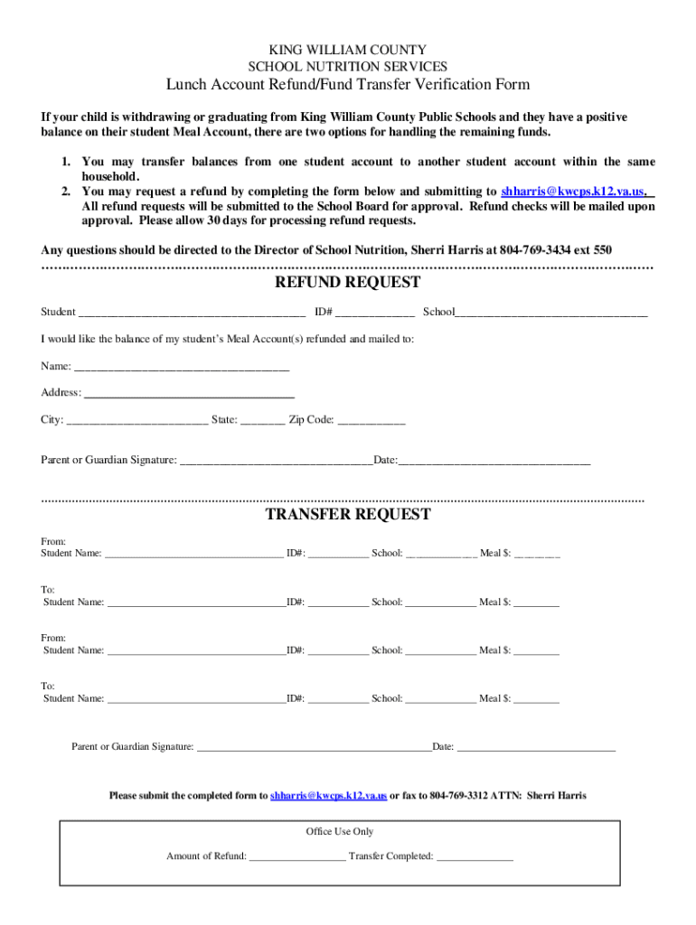 Fillable Online Lunch Account Refund/Fund Transfer Verification Form ...
