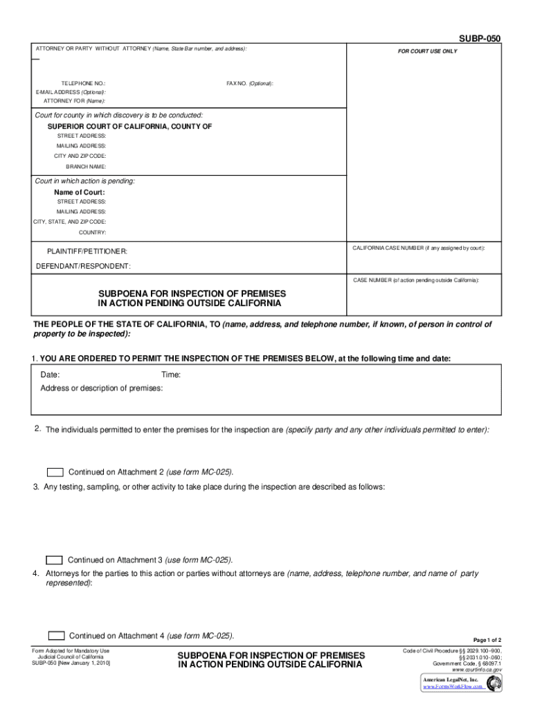 Fillable Online SUBP-050 Subpoena for Inspection of Premises in Action ...