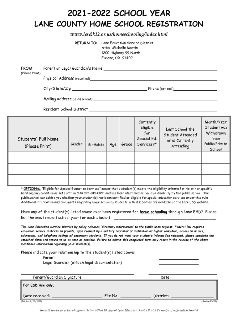 Fillable Online Registration Forms for Home School 2021-2022 Fax Email ...