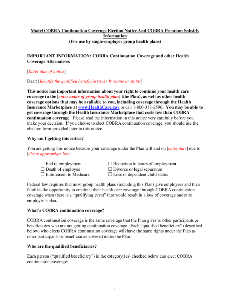 Fillable Online Model COBRA Continuation Coverage Election Notice And ...
