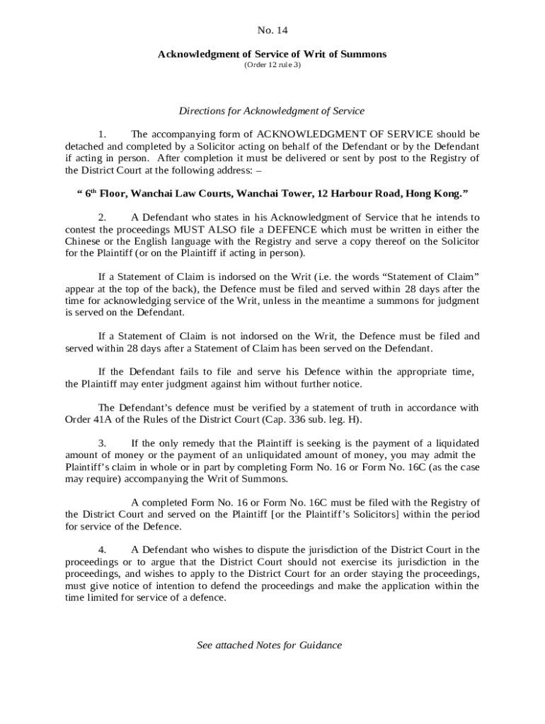 Acknowledgment of Service of Writ of Summons (Order 12 rule 3) Doc ...