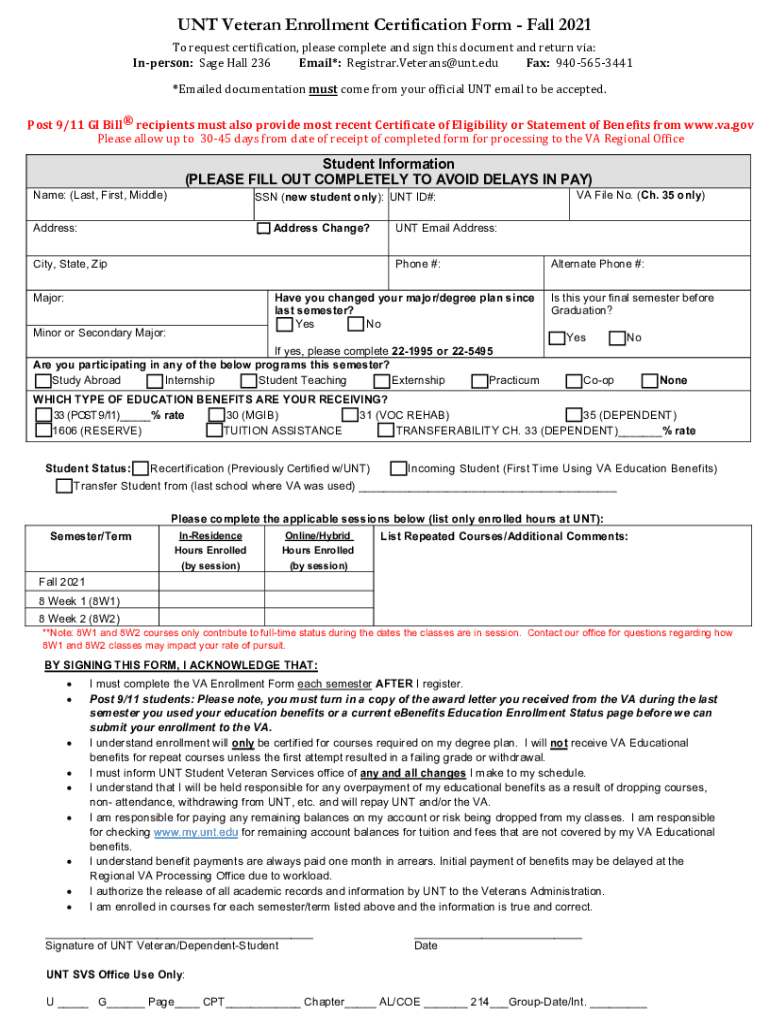 Fillable Online Fillable Online UNT Veteran Enrollment Certification ...