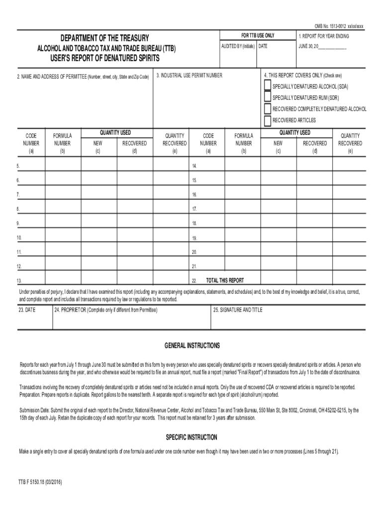 Fillable Online Form TTB F 5150 18 TTB F 5150 18 User's Report of ...