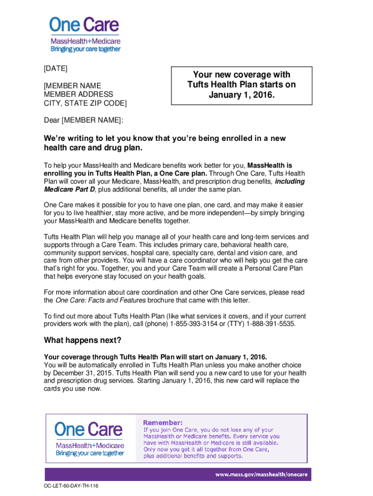 Fillable Online Your new coverage with Tufts Health Plan starts on ...