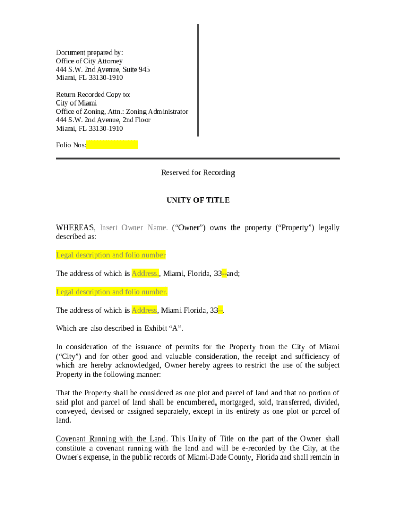 Covenant in Lieu of Unity of Title - miamigov.com Doc Template | pdfFiller