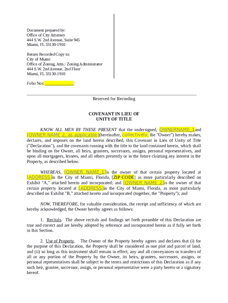 Covenant in Lieu of Unity of Title Doc Template | pdfFiller