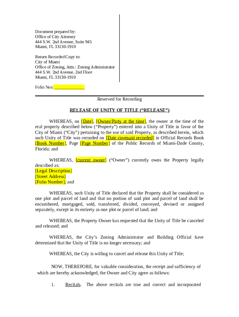 Release of Covenant in Lieu of Unity of Title - miamigov.com Doc ...