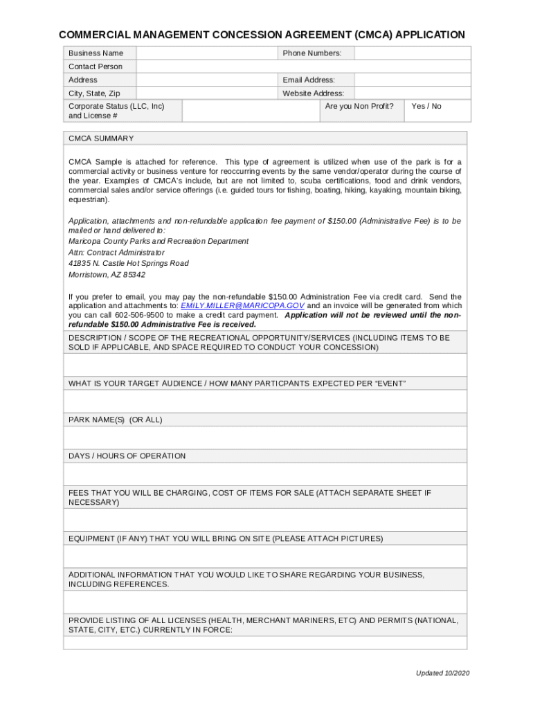Commercial management concession agreement (CMCA) Application Doc Template | pdfFiller