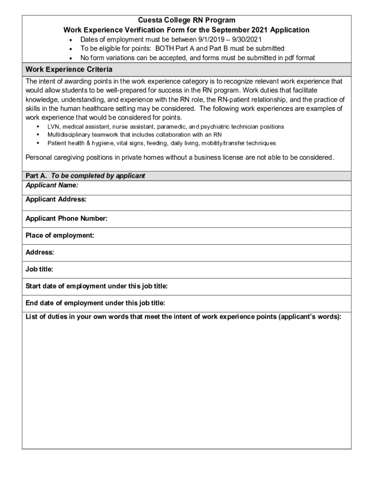 Fillable Online Cuesta College RN Program Work Experience Verification ...