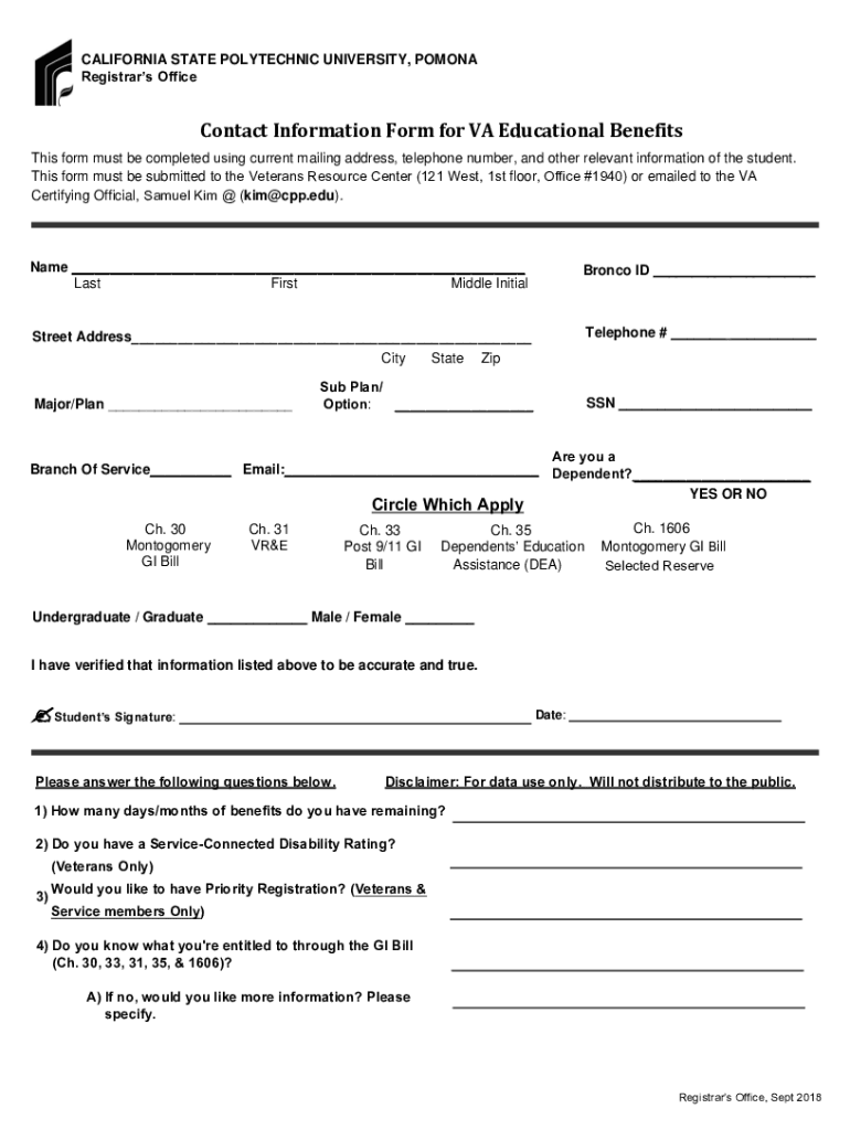 Fillable Online Contact Information Form for VA Educational Benefits ...