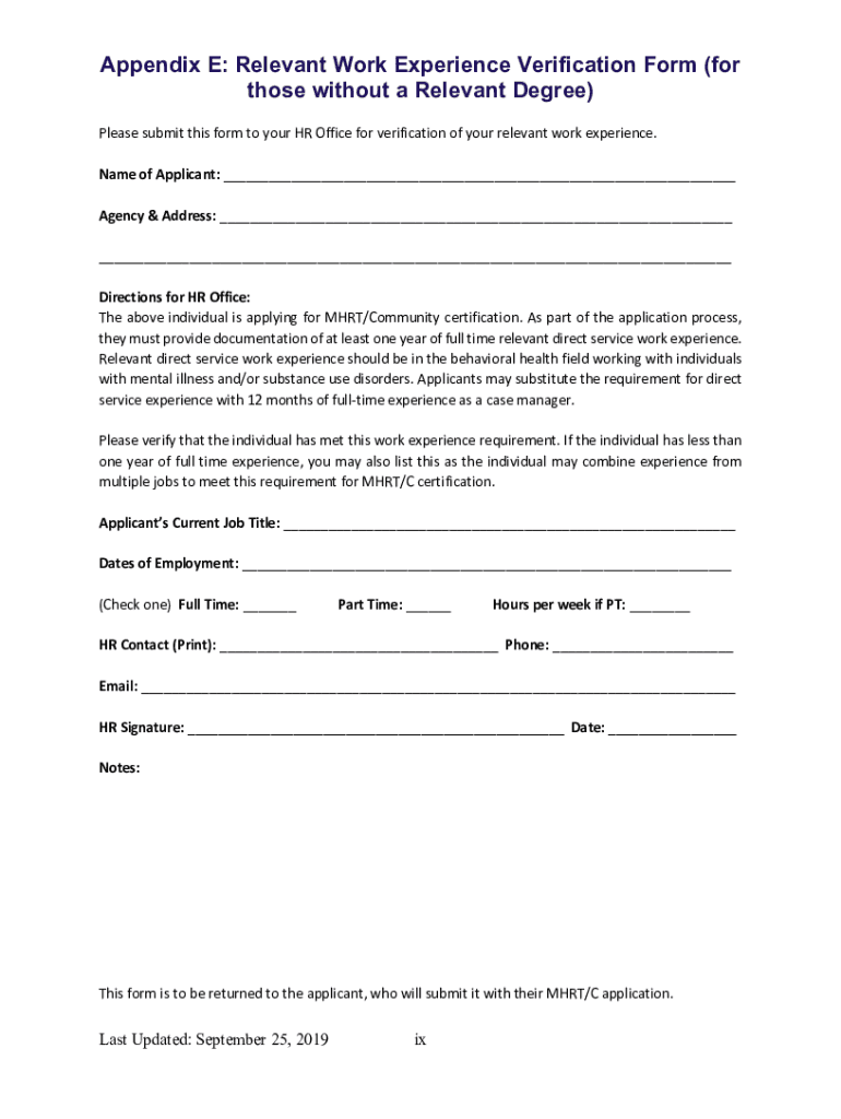 Fillable Online Work Experience Verification 20190925 Fax Email Print ...